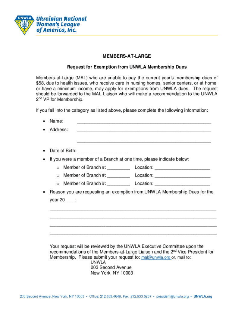 Fillable Online Dues-Exemption-Request-Form-MAL- ... Fax Email Print ...