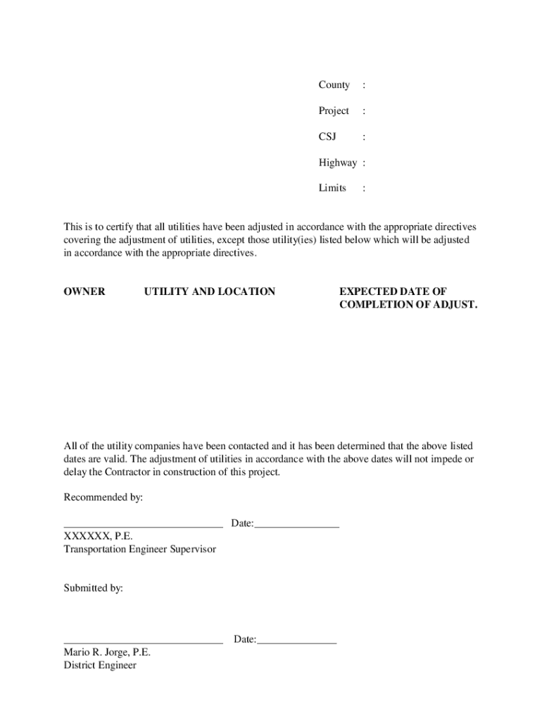 Fillable Online ftp dot state tx Utility Adjustment (Not Clear). San ...