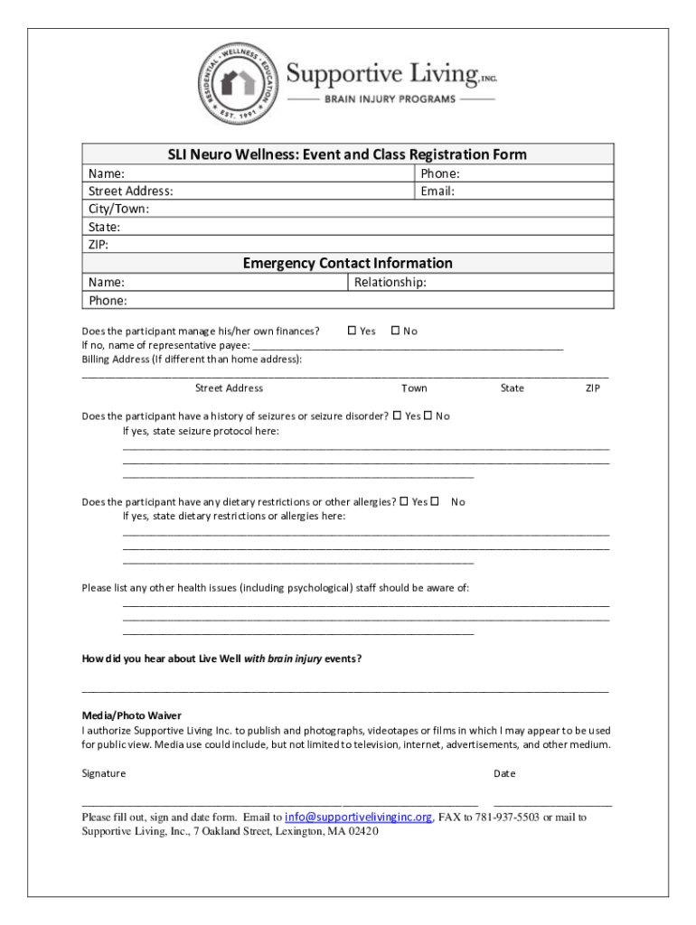 Fillable Online SLI Neuro Wellness: Event and Class Registration Form ...