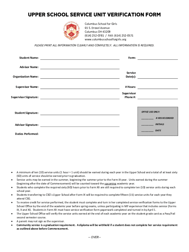 Fillable Online UPPER SCHOOL SERVICE UNIT VERIFICATION FORM Fax Email Print - pdfFiller