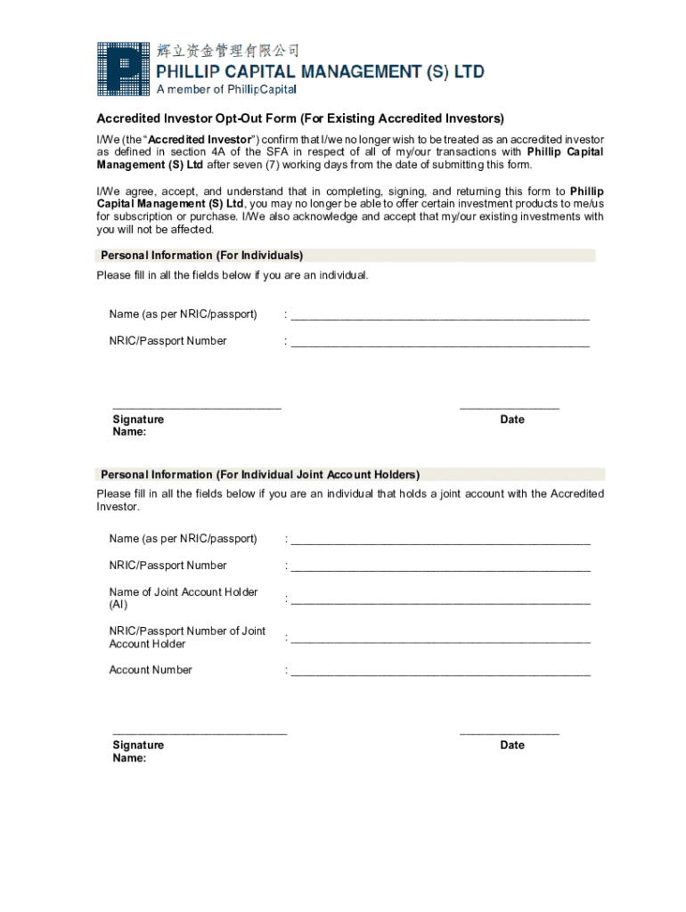 Fillable Online Accredited Investor Opt-Out Form (For Existing ... Fax ...