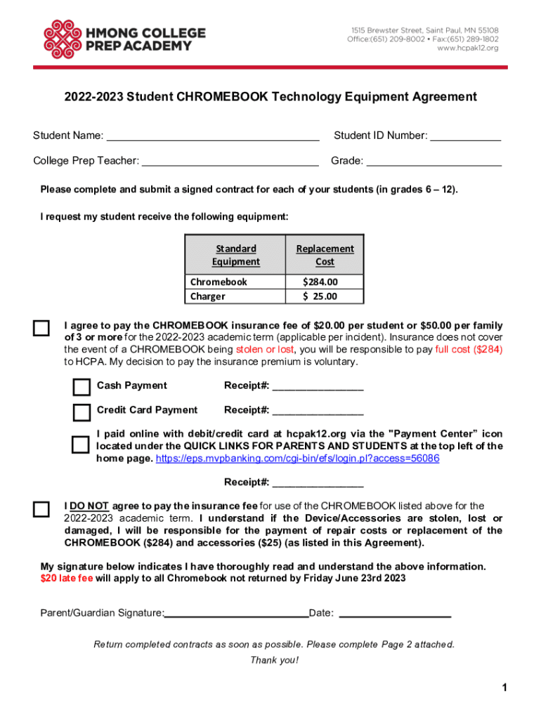 Fillable Online 2022-2023 Student CHROMEBOOK Technology Equipment ...