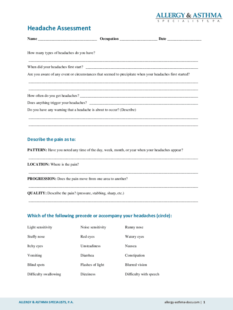 Fillable Online Headache Assessment Fax Email Print - pdfFiller