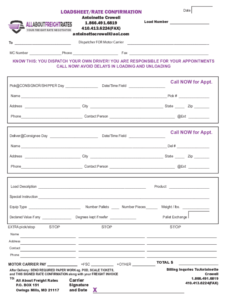 Fillable Online LOADSHEET/RATE CONFIRMATION Fax Email Print - pdfFiller