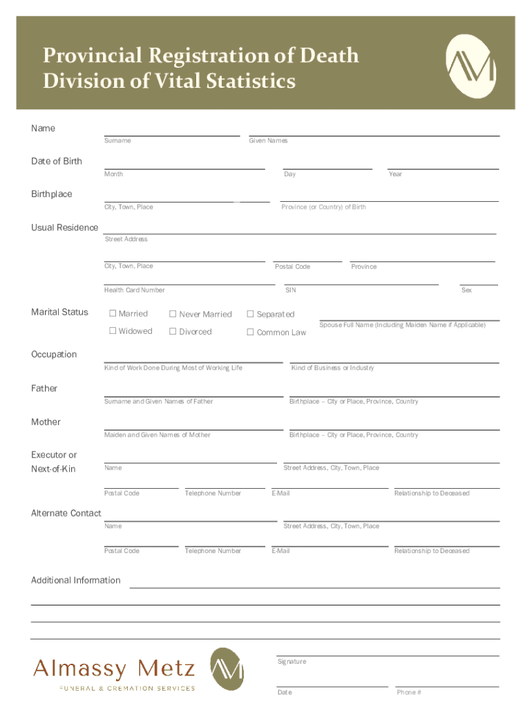 Fillable Online Provincial Registration of Death Division of Vital ...