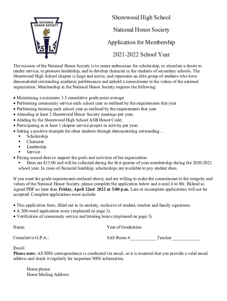 Fillable Online Application for Membership NHS 21-22 Revised 3-30-22 ...