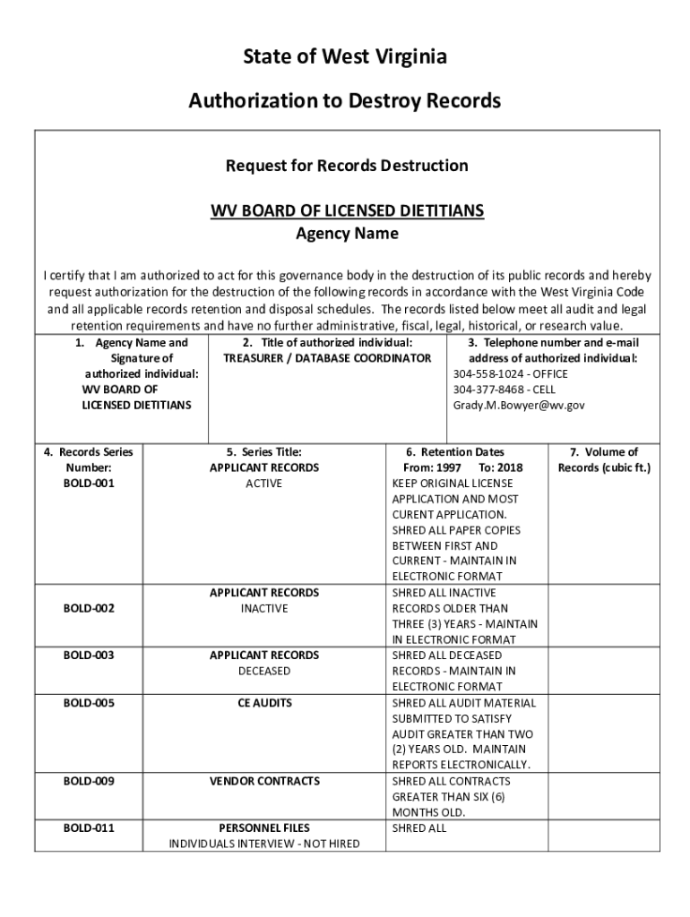 Fillable Online State of West Virginia Authorization to Destroy Records ...