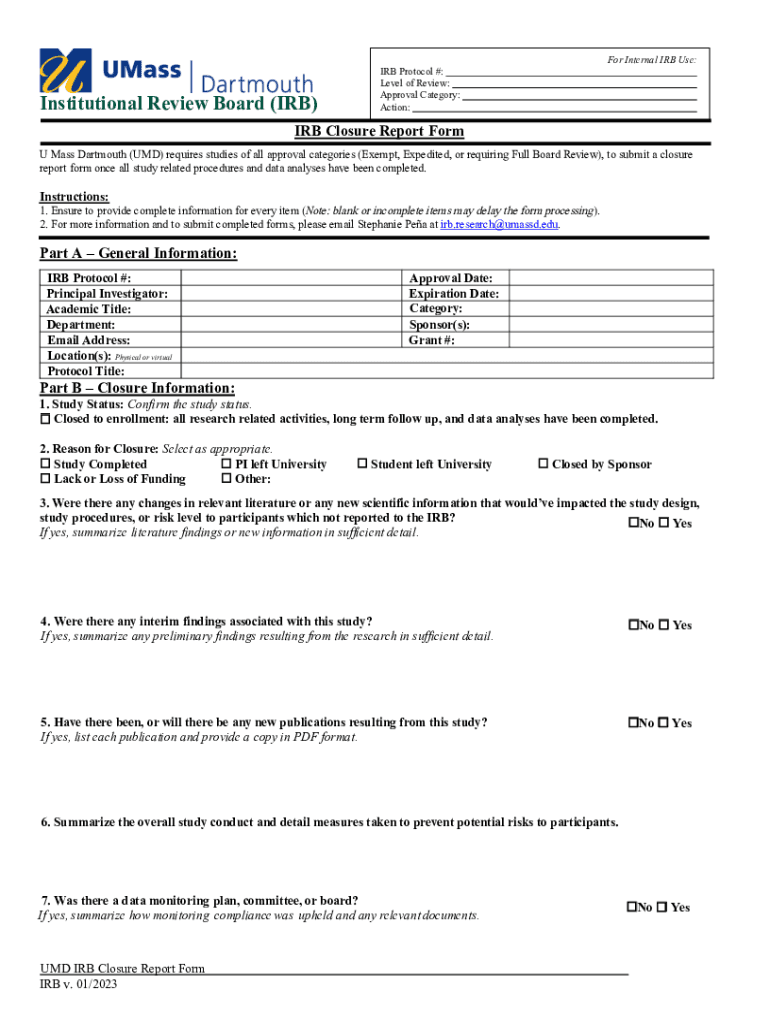 Fillable Online IRB Closure Report Form v01.03 Fax Email Print - pdfFiller