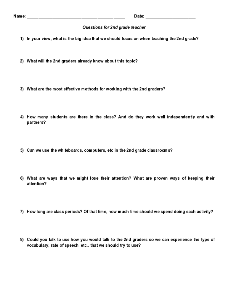 Fillable Online Questions for 2nd grade teacher Fax Email Print - pdfFiller