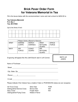 Fillable Online Brick Paver Order Form for Veterans Memorial in Tea Fax Email Print - pdfFiller