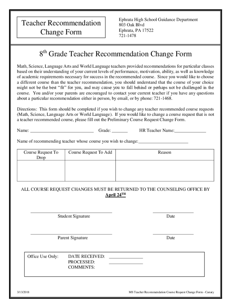 Fillable Online Teacher Recommendation Change Form Fax Email Print - pdfFiller