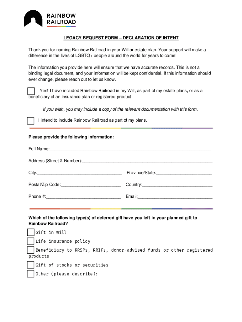 Fillable Online LEGACY BEQUEST FORMDECLARATION OF INTENT Fax Email ...