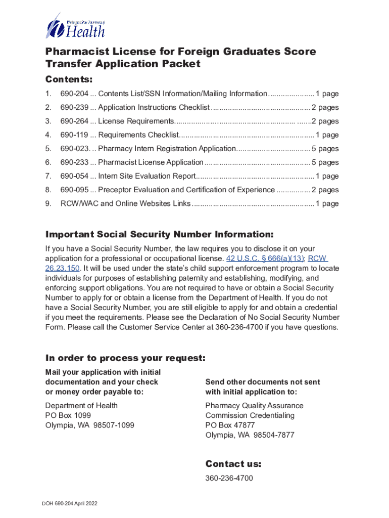 Fillable Online doh wa Pharmacist License Score Transfer Application ...