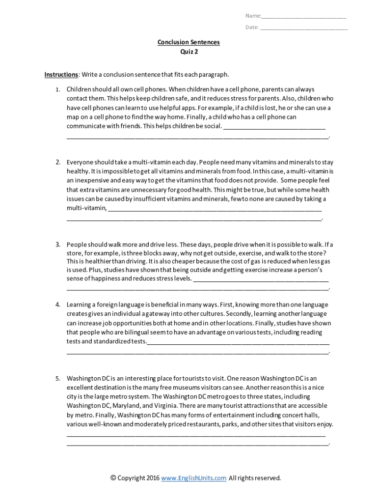 Fillable Online Paragraph Quiz - Write a Conclusion Sentence. Paragraph conclusion sentence quiz ...
