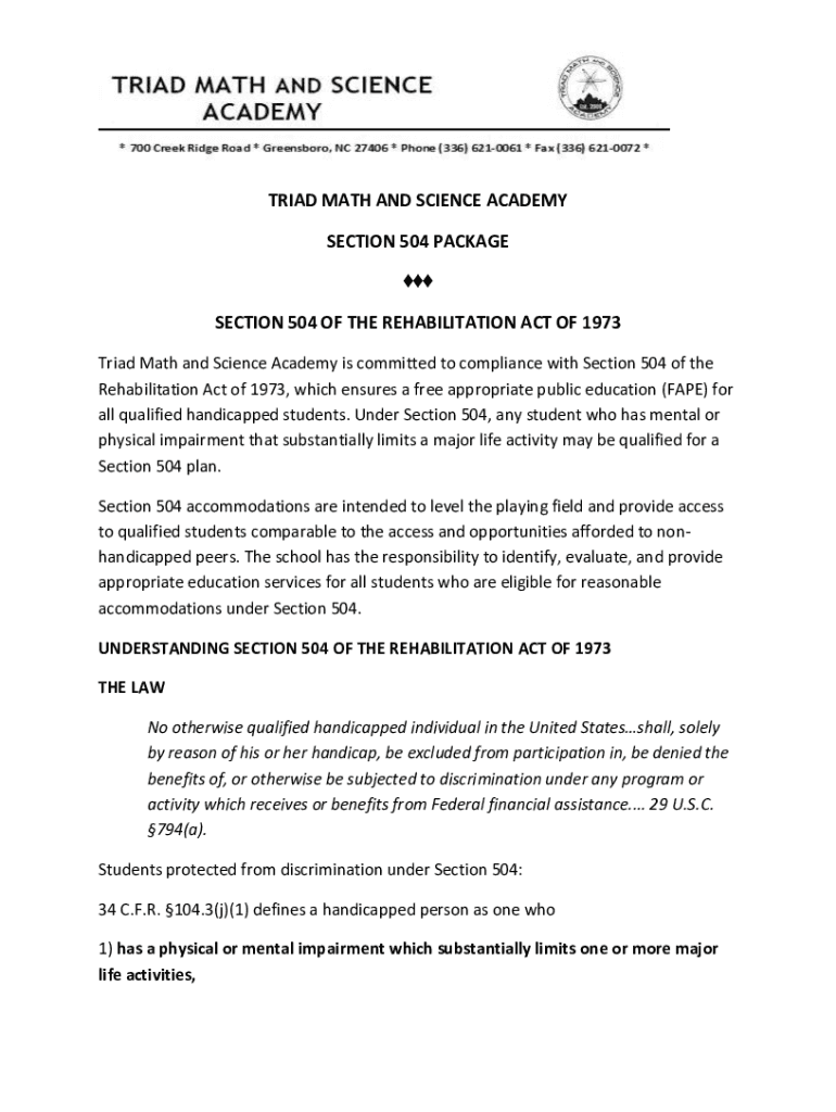Fillable Online TRIAD MATH AND SCIENCE ACADEMY SECTION 504 ... Fax ...