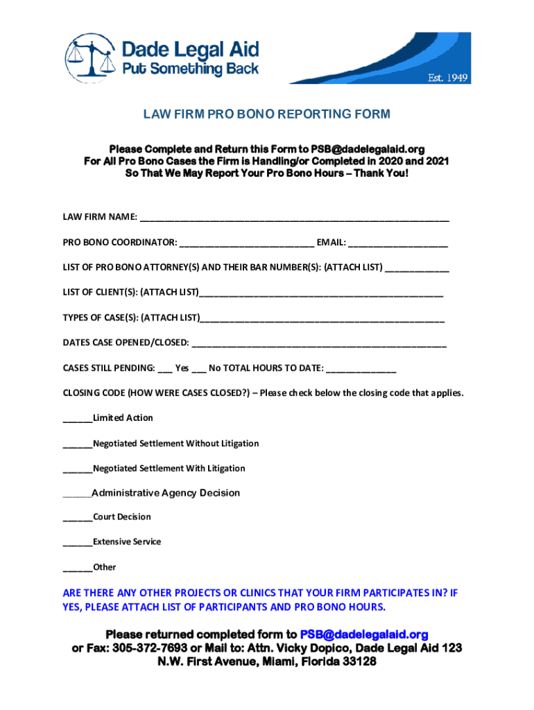 Fillable Online LAW FIRM PRO BONO REPORTING FORM Fax Email Print ...