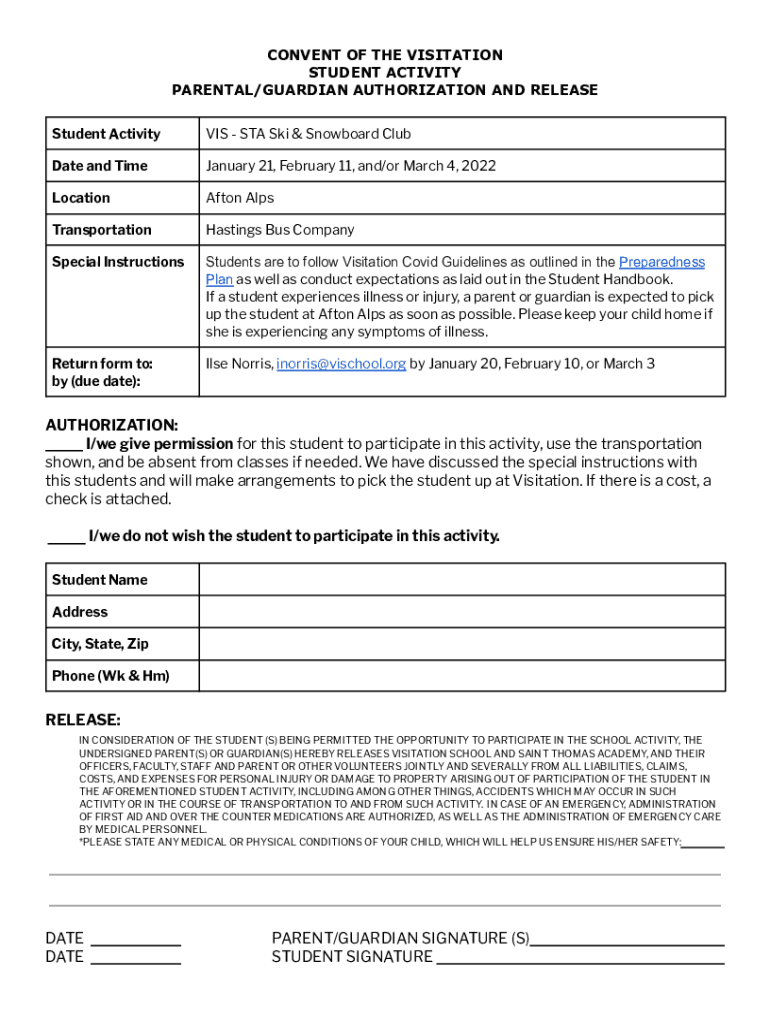 Fillable Online Ski Club Permission Slip Form- Student activity and ...