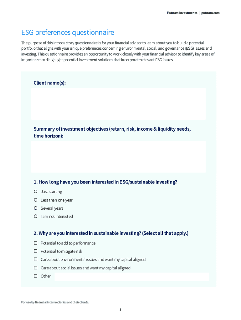 Fillable Online ESG Questionnaire. Education on ESG/Sustainable ... Fillable Online ESG Questionnaire. Education on ESG/Sustainable ...