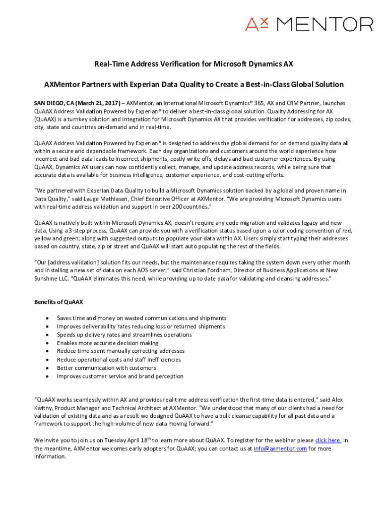 Fillable Online Real-Time Address Verification for Microsoft Dynamics AX ... Fax Email Print ...