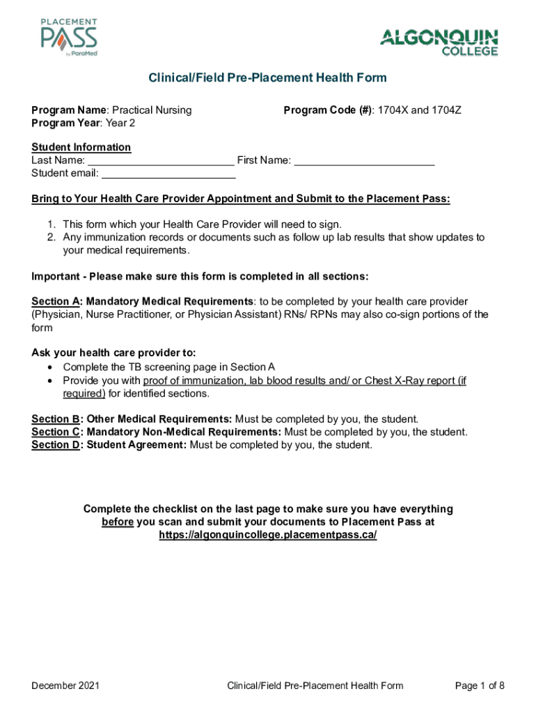 Fillable Online Clinical/Field Pre-Placement Health Forms Fax Email Print - pdfFiller