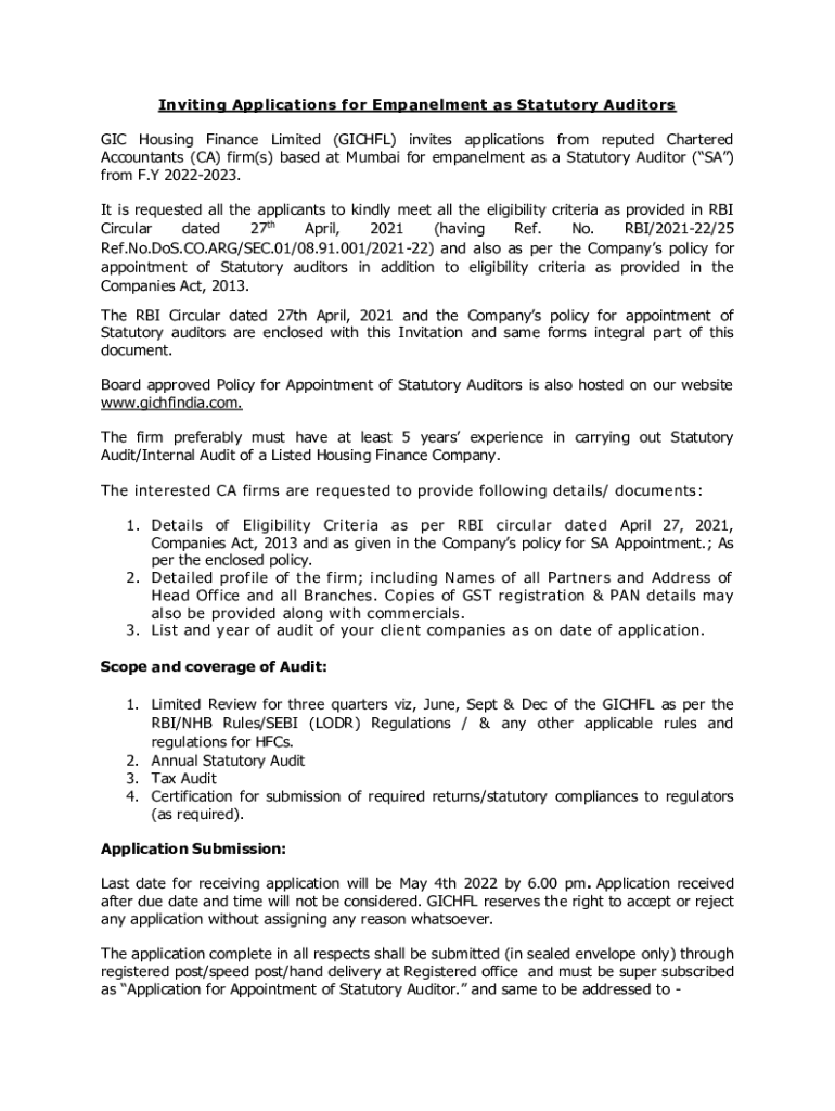 Fillable Online Inviting Applications for Empanelment as Statutory ...