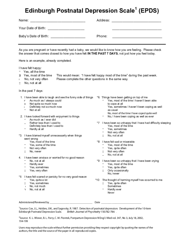 Fillable Online Edinburgh Postnatal Depression Scale (EPDS) - Name Fax ...