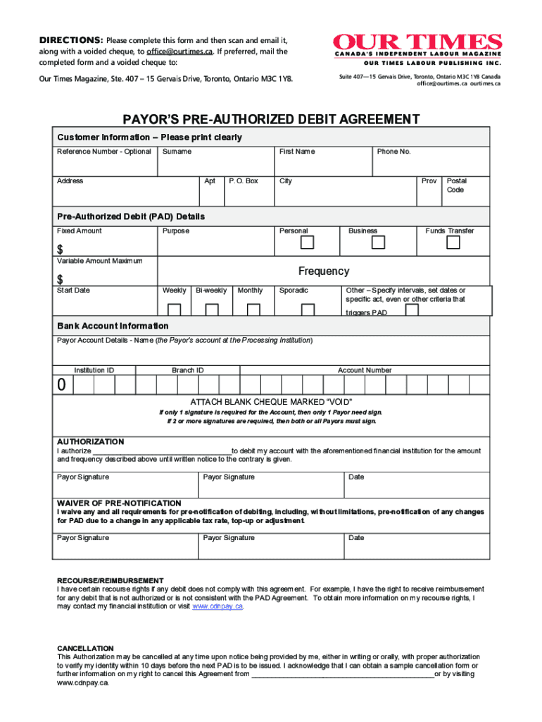 Fillable Online PAYOR'S PRE-AUTHORIZED DEBIT AGREEMENT Fax Email Print ...