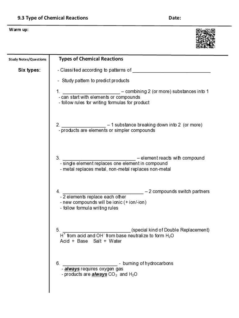 Fillable Online 9.3 Types of Chemical Reactions Blank F.docx Fax Email ...