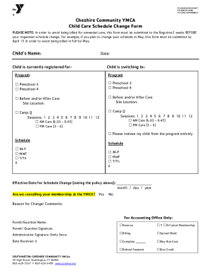 Fillable Online Cheshire Community YMCA Child Care Schedule Change Form ...