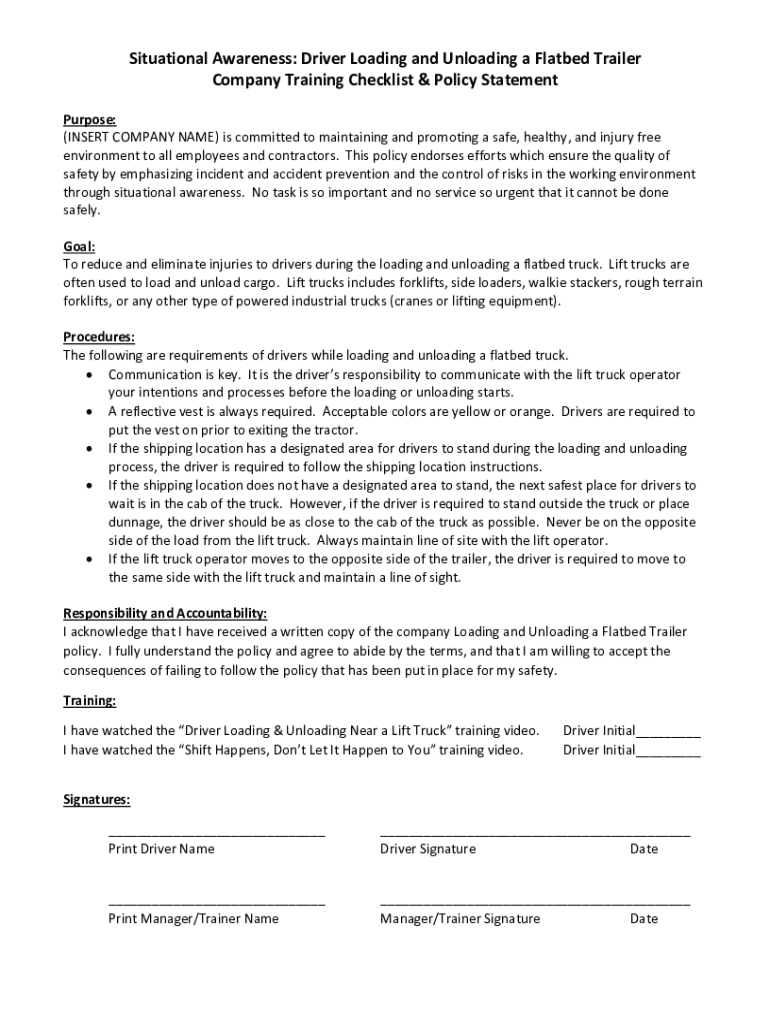 Fillable Online Driver Loading and Unloading a Flatbed Trailer Company ...