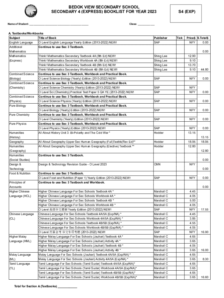 Fillable Online Sec 1 Express Booklist.pdf Fax Email Print - pdfFiller