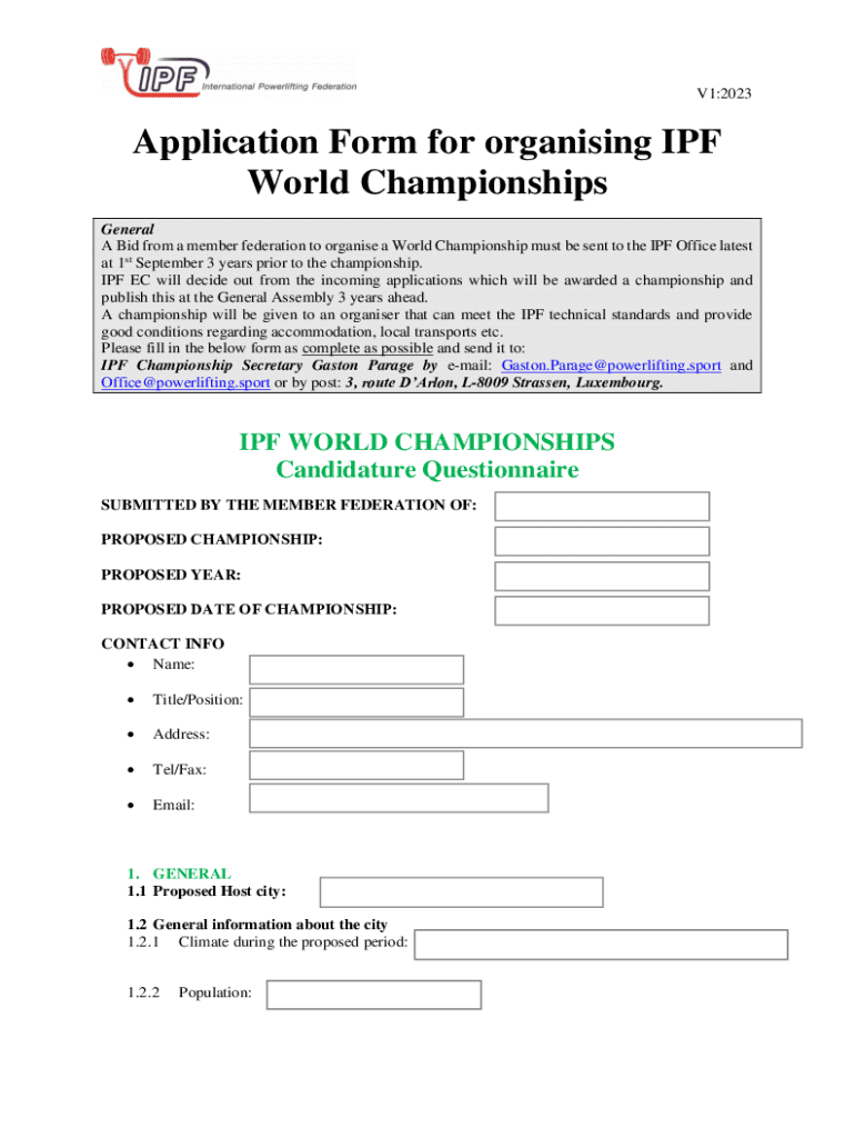 Fillable Online Application Form for organising IPF World Championships ...