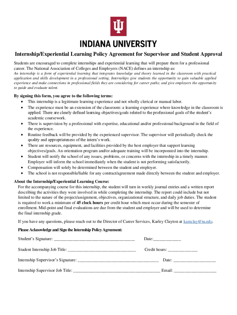 Fillable Online Internship/Experiential Learning Policy Agreement for ...