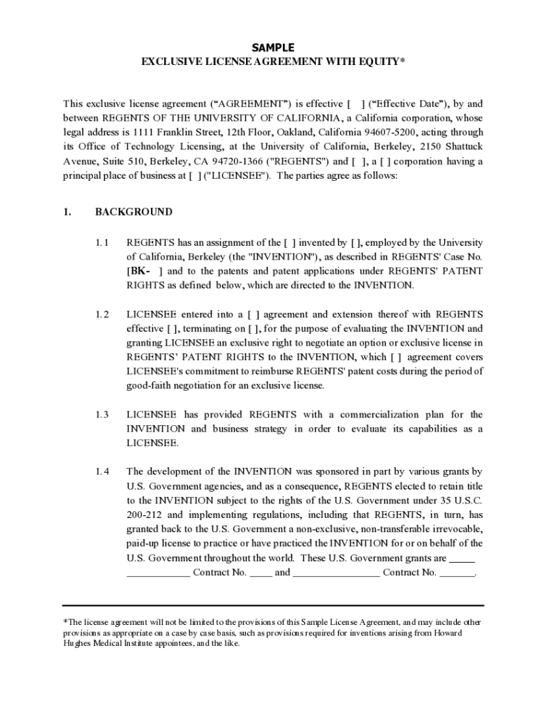 Fillable Online ipira berkeley EXCLUSIVE LICENSE AGREEMENT FOR LOWER ...