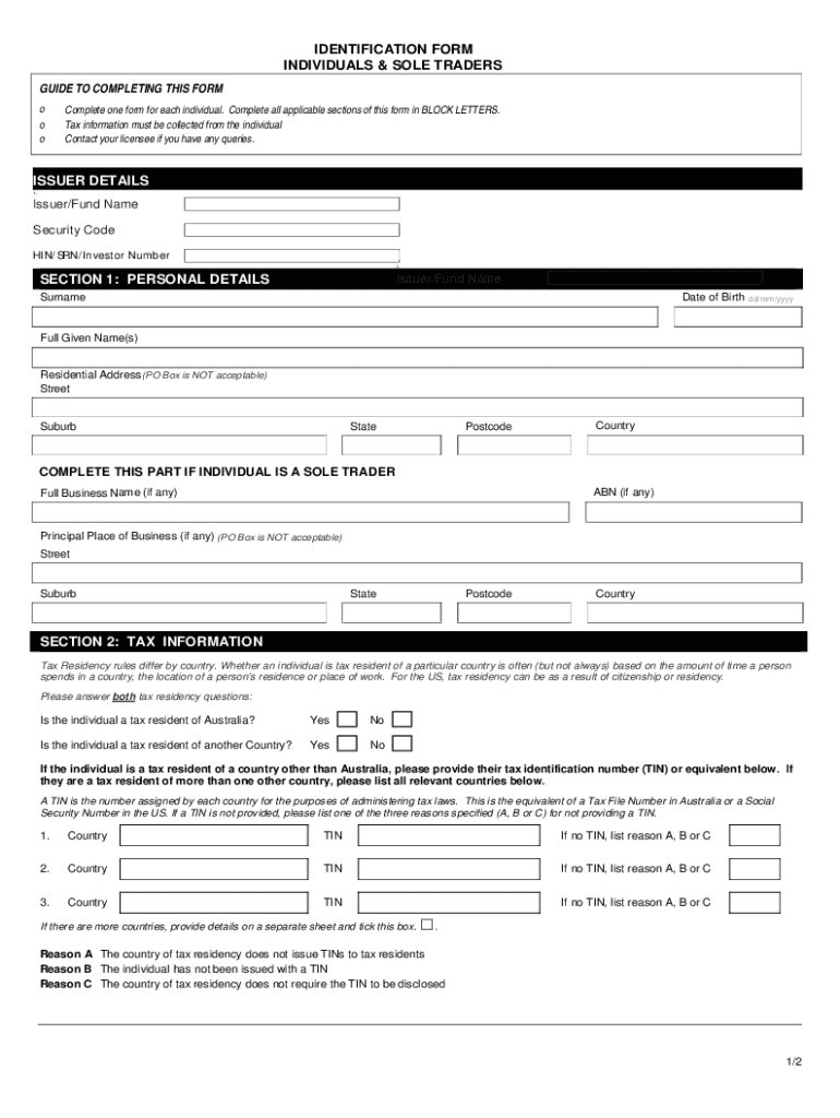 Fillable Online Identification Form: Individual and Sole Traders Fax Email Print - pdfFiller