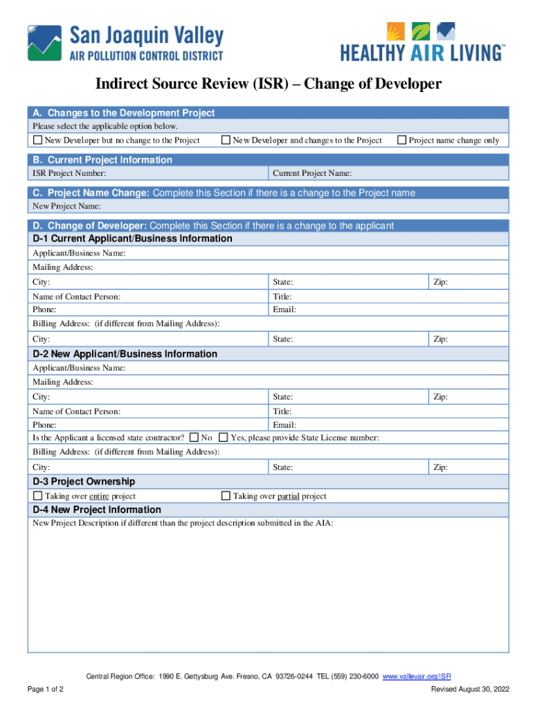 Fillable Online Indirect Source Review (ISR)Change of Developer Fax ...