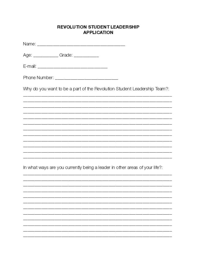 Fillable Online REVOLUTION Student Leadership Application Fax Email ...