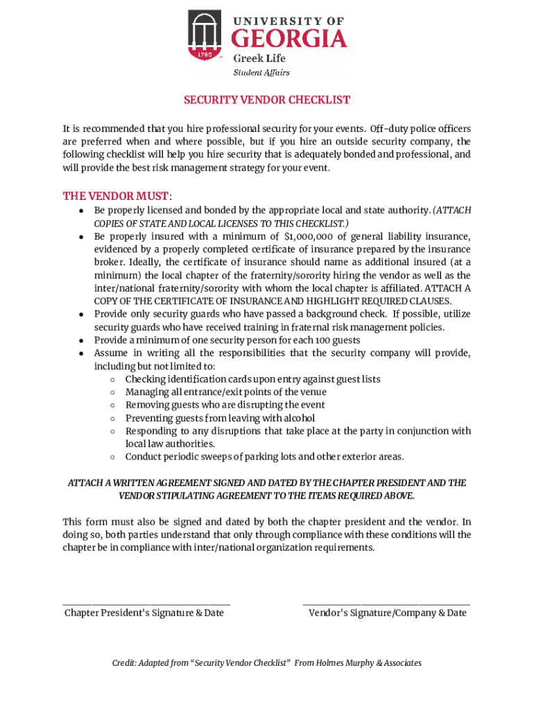 Fillable Online greeklife uga Security Vendor Checklist Fax Email Print ...