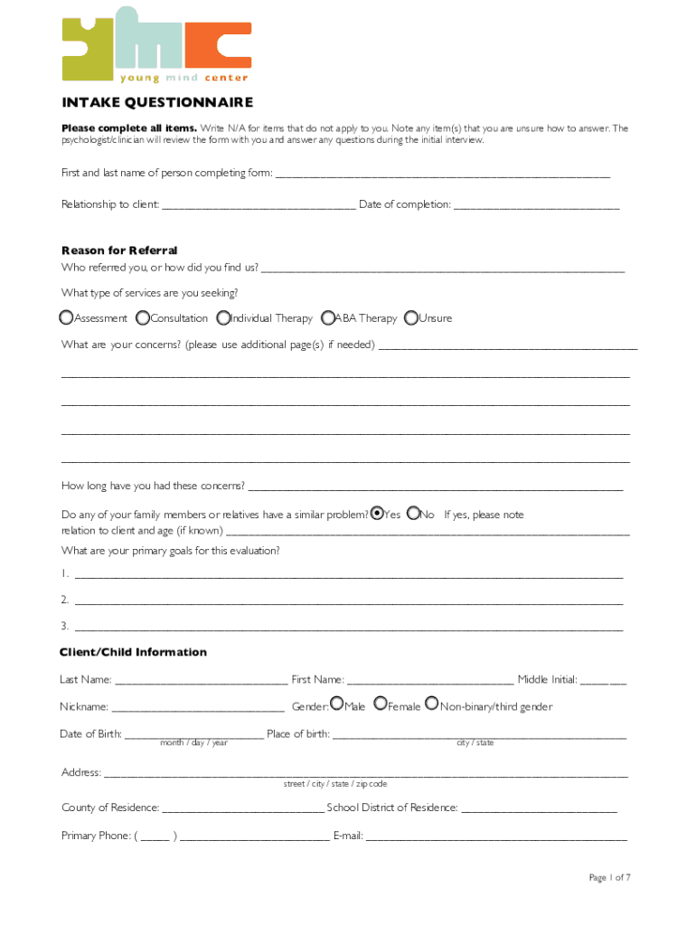 Fillable Online Developmental Intake/History Form Fax Email Print ...