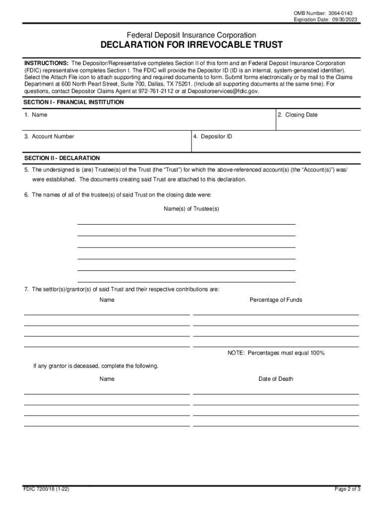 Fillable Online 7200 18 Declaration for Irrevocable Trust. For questions regarding form, email ...
