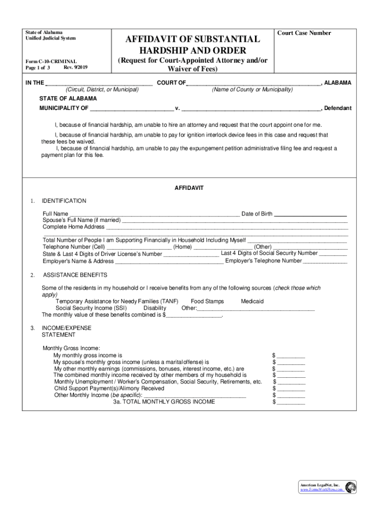 Fillable Online Affidavit of Substantial Hardship and Order. Fax Email ...