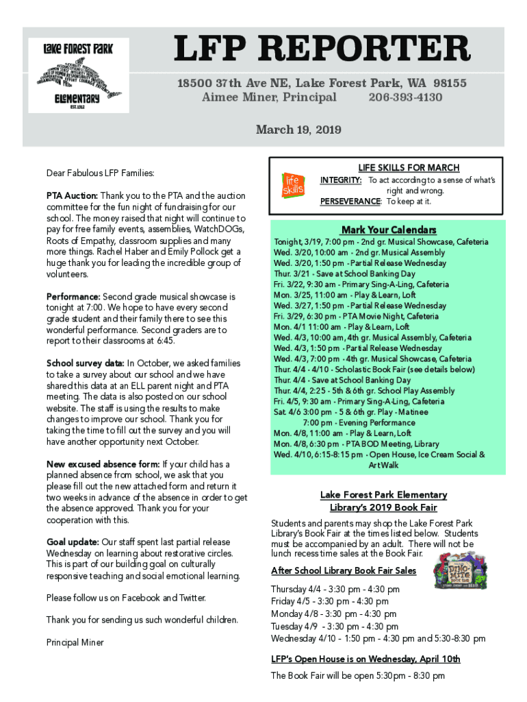 Fillable Online Lake Forest Park Elementary School Principal Aimee ...