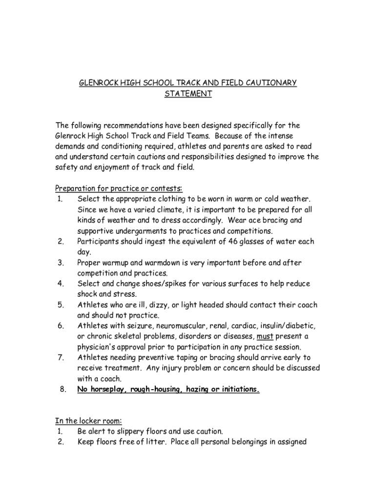 Fillable Online Glenrock High School Track and Field Cautionary ...