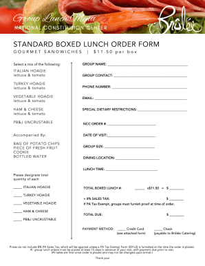 Fillable Online BOX LUNCH ORDER FORM Fax Email Print - pdfFiller