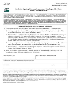 Fillable Online AD-1047 Certification Regarding Debarment, Suspension ...