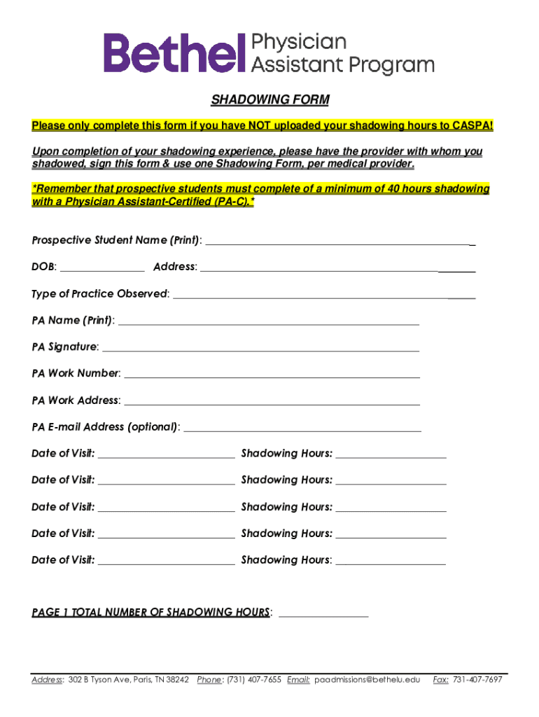 Fillable Online Shadowing Form - Prospective Preceptor Letter Fax Email ...