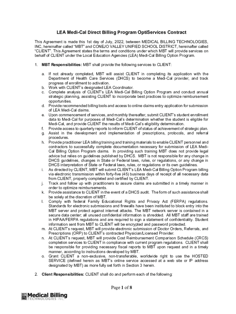 Fillable Online Page 1 of 8 LEA Medi-Cal Direct Billing Program ... Fax ...