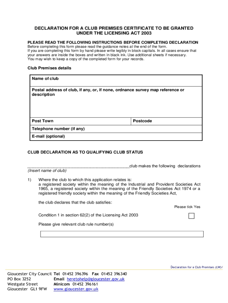 Fillable Online P02 Declaration for a club premises cert to be granted form Fax Email Print ...