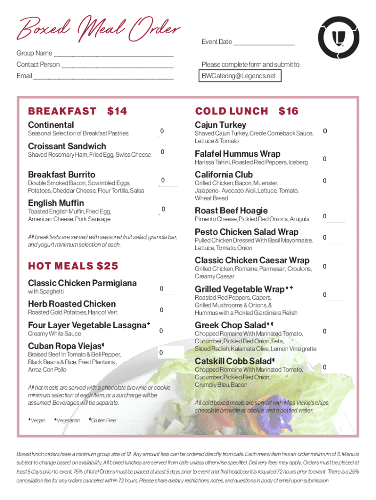 Fillable Online Boxed Meal Order Fax Email Print - pdfFiller