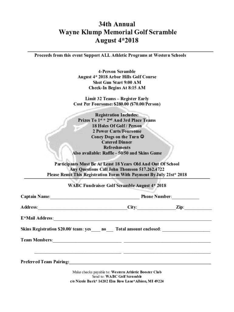 Fillable Online 34th Annual Wayne Klump Memorial Golf Scramble August ...